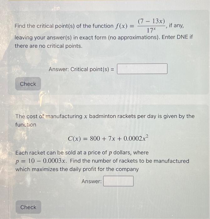 Solved Find the critical point(s) of the function | Chegg.com
