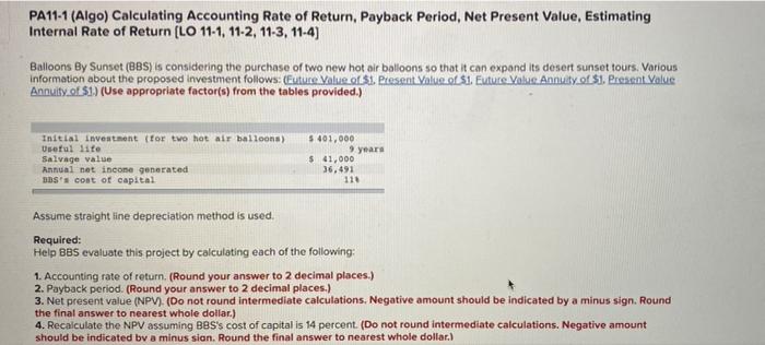 Solved PA11-1 (Algo) Calculating Accounting Rate of Return, | Chegg.com