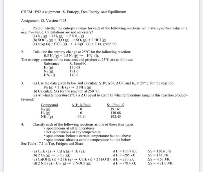 Solved CHEM 1P92 Assignment 18. Entropy, Free Energy, and | Chegg.com