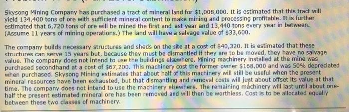 Solved Skysong Mining Company has purchased a tract of | Chegg.com