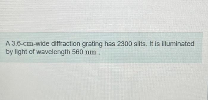 Solved A 3.6-cm-wide diffraction grating has 2300 slits. It | Chegg.com