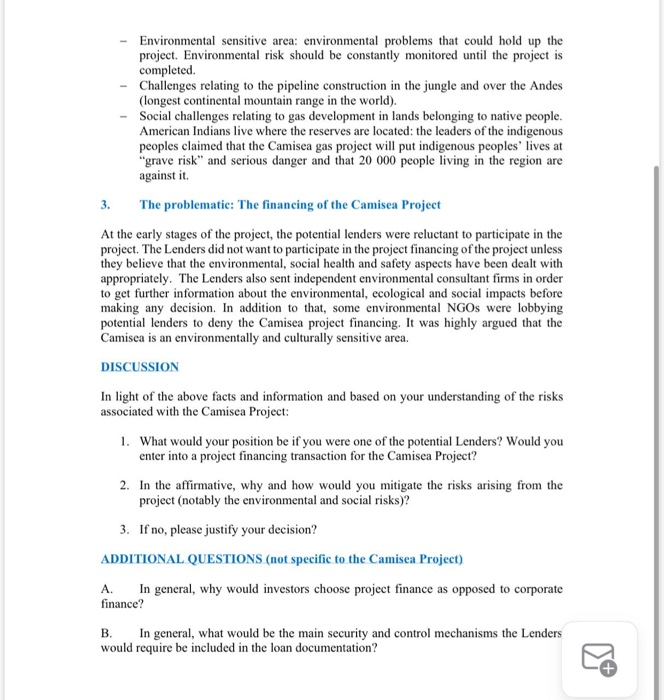 FACTS Overview of the Camisea Project The Project: | Chegg.com