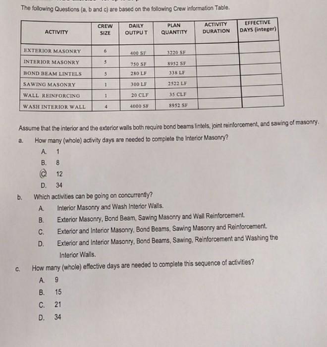 Solved The following Questions (a, b and c) are based on the | Chegg.com