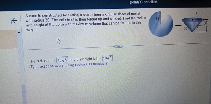 Solved point(s) ﻿possibleA cone is constructed by cutting a | Chegg.com