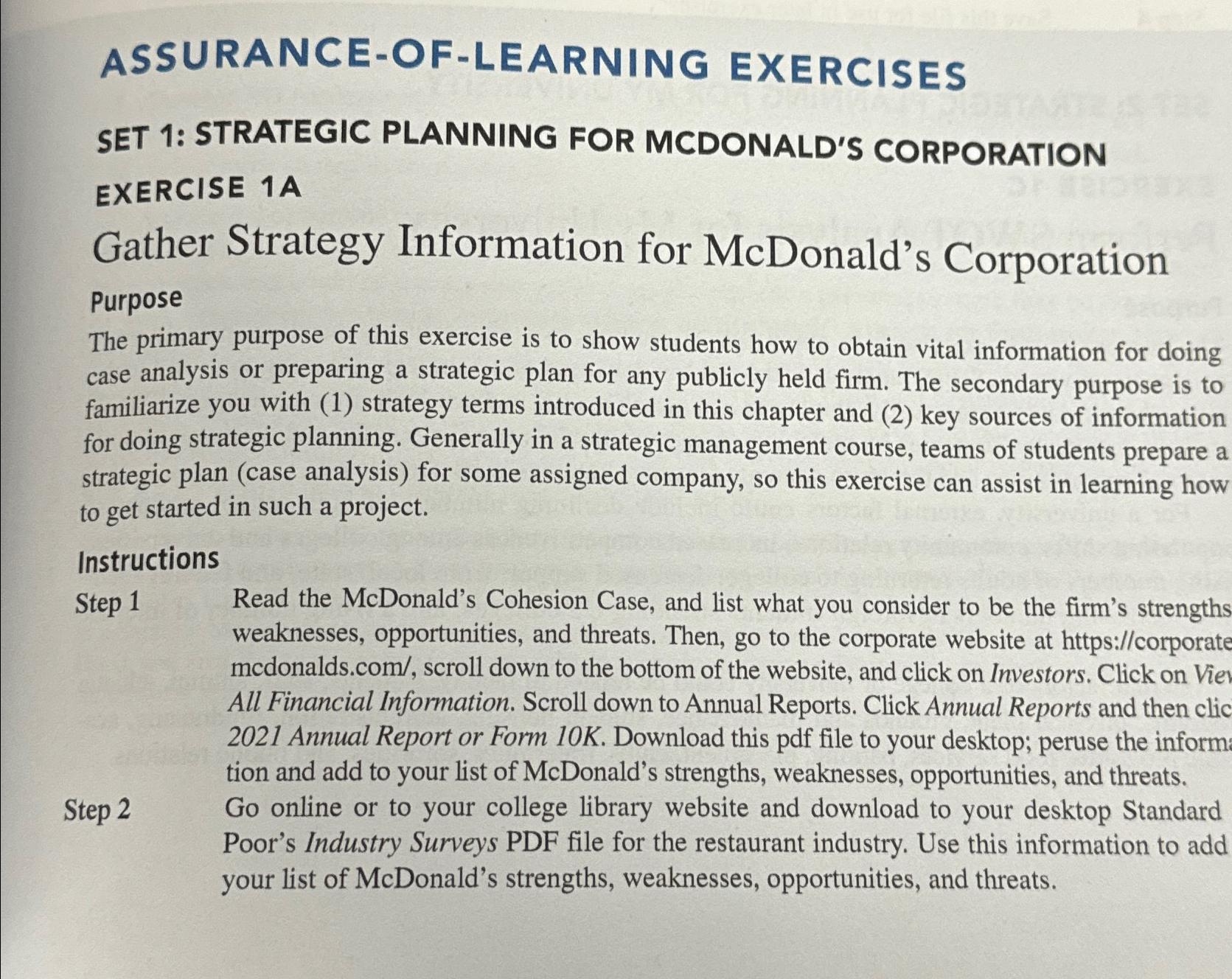 ASSURANCE-OF-LEARNING EXERCISESSET 1: STRATEGIC | Chegg.com