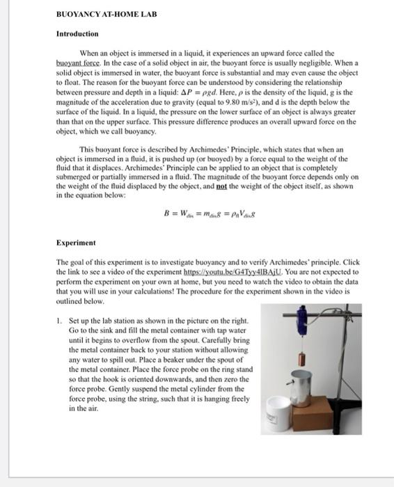 Solved BUOYANCY AT-HOME LAB Introduction When an object is | Chegg.com