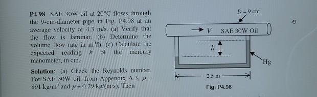 Solved D = 9 cm SAE 30W Oil P4.98 SAE 30W oil at 20°C flows | Chegg.com