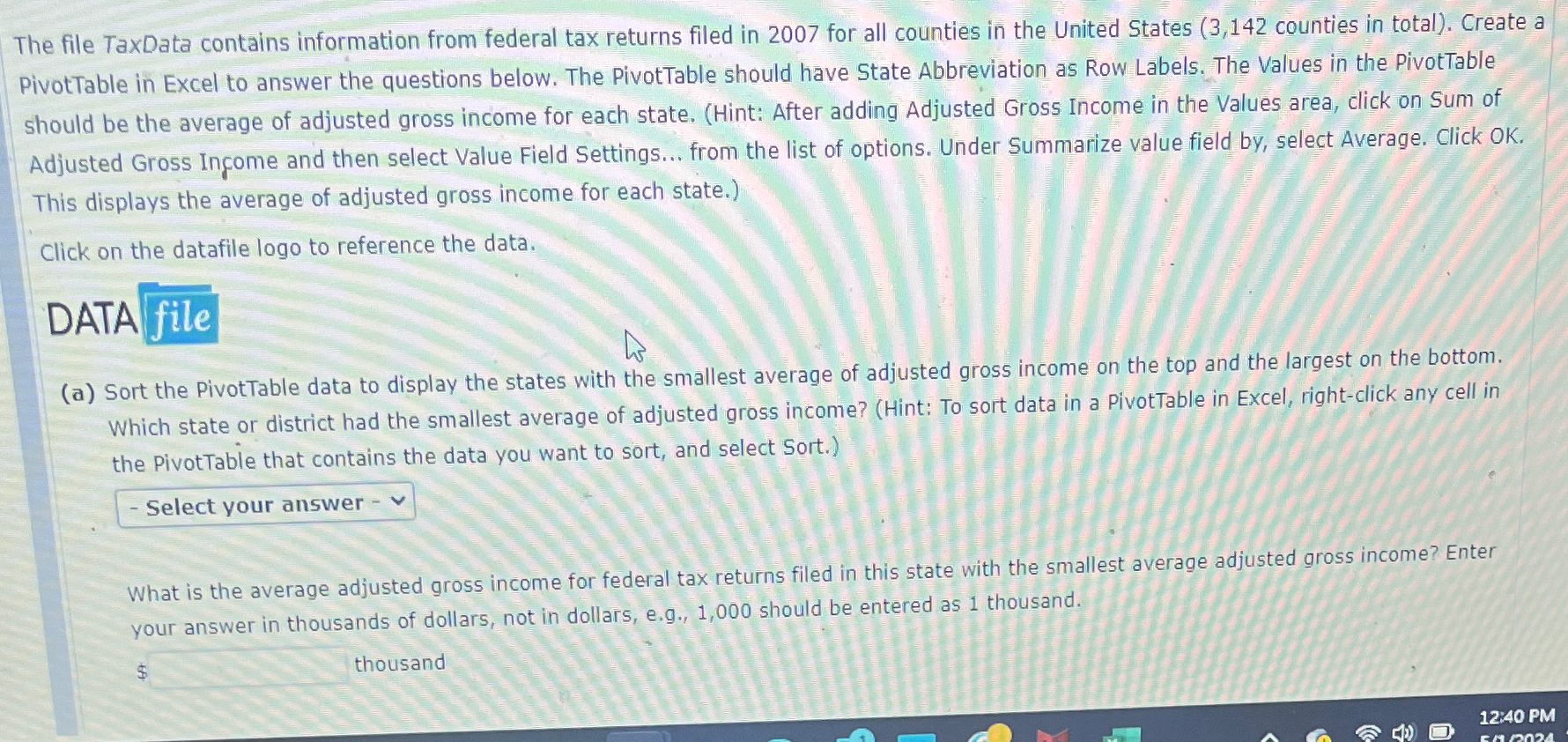Solved The file TaxData contains information from federal | Chegg.com