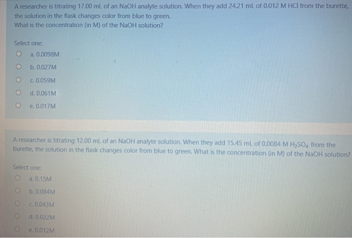 Solved A researcher is titrating 17.00 mL of an NaOH analyte | Chegg.com