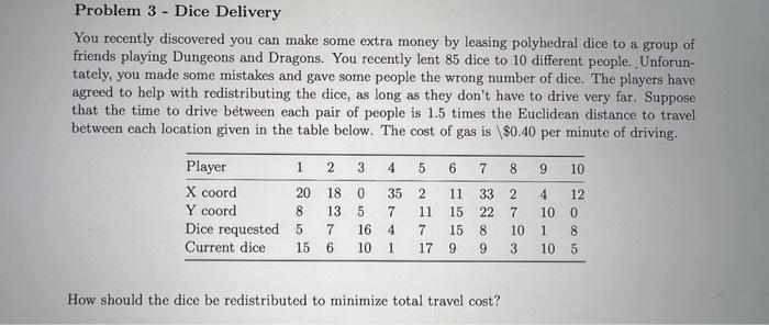 Solved Problem 3 - Dice Delivery You recently discovered you | Chegg.com