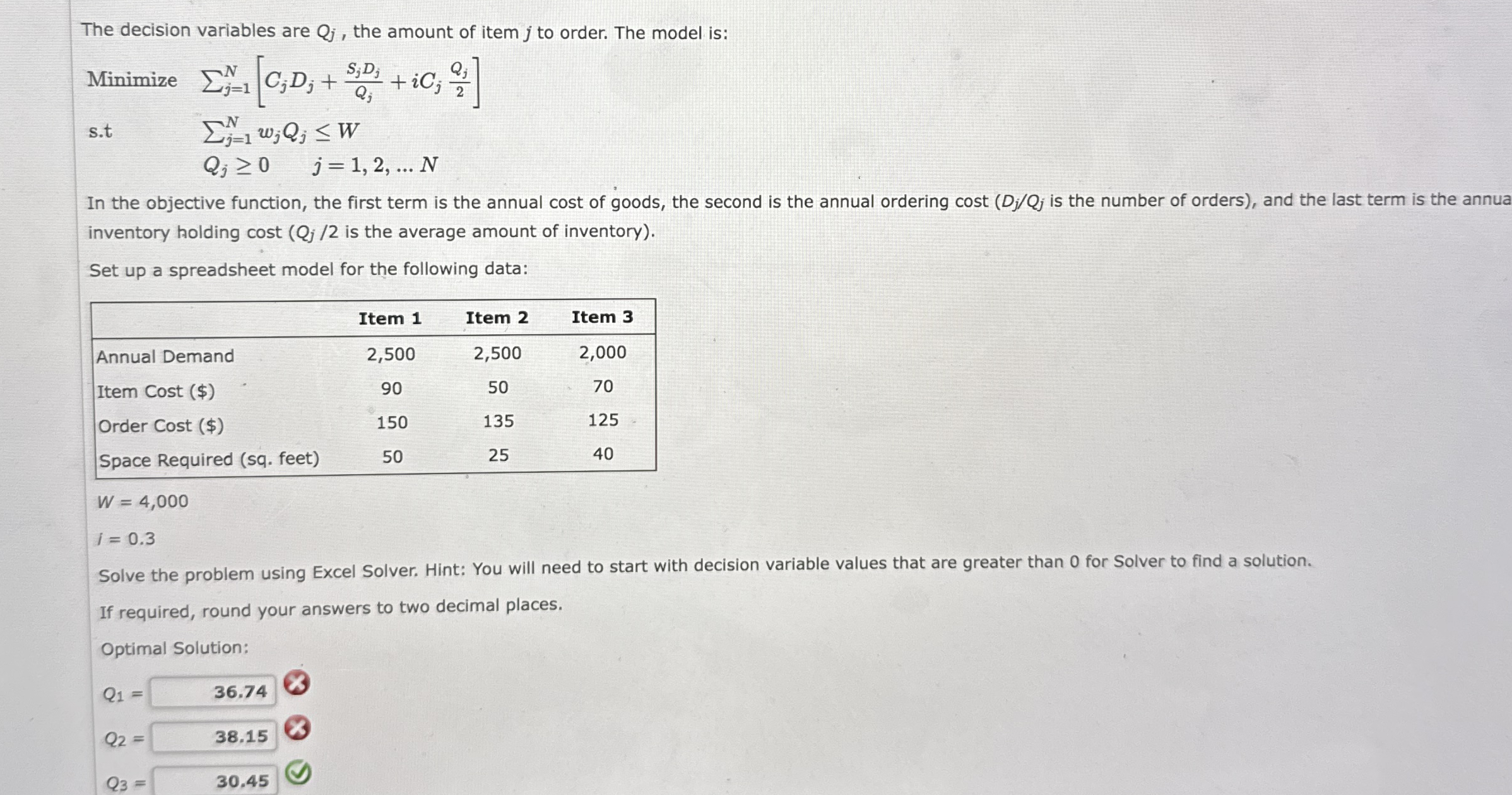 Solved The decision variables are Qj, ﻿the amount of item j | Chegg.com