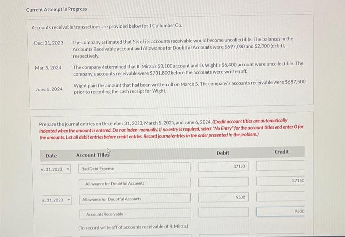 Solved Current Attempt in Progress Accounts receivable | Chegg.com
