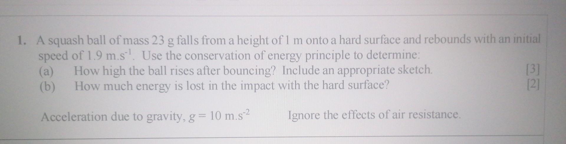Solved 1. A squash ball of mass 23 g falls from a height of | Chegg.com