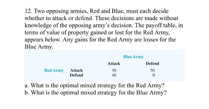 Solved 12. Two opposing armies, Red and Blue, must each | Chegg.com