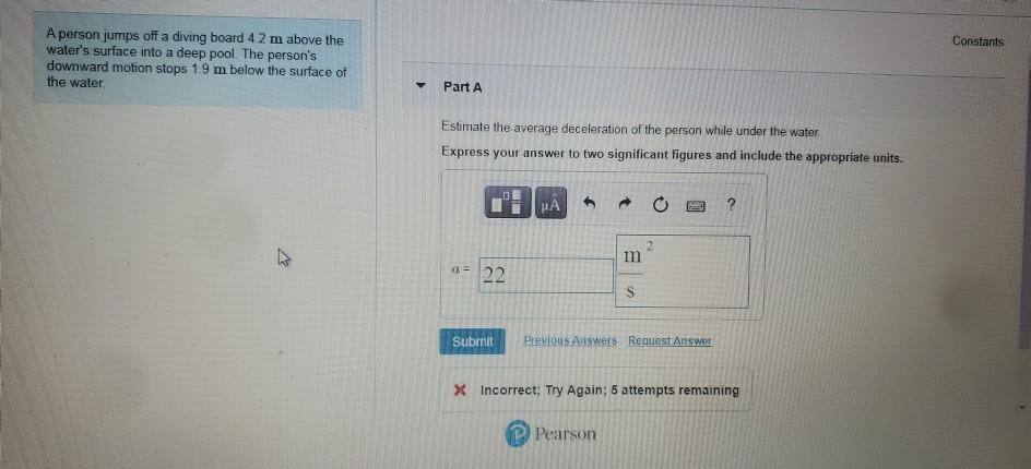 Solved Constants A person jumps off a diving board 42 m | Chegg.com