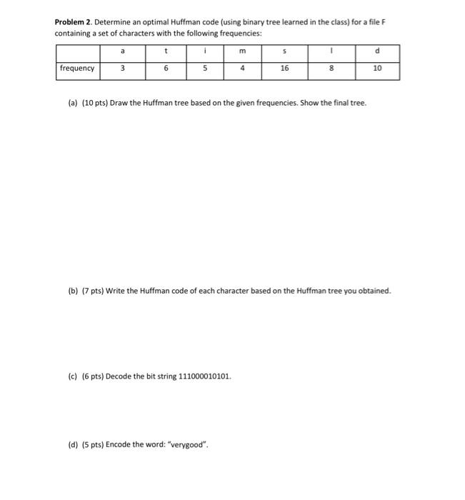 Solved Problem 2 Determine An Optimal Huffman Code Using