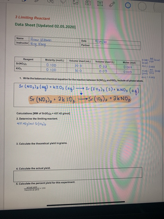 Solved B IT 3 Limiting Reactant Data Sheet (Updated | Chegg.com