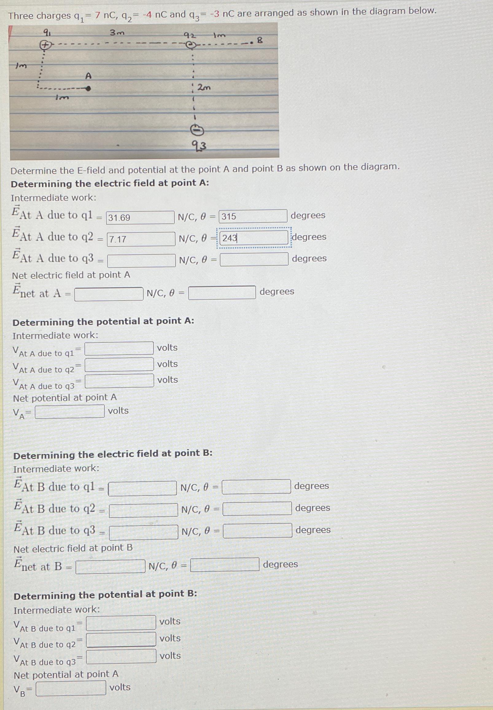 Solved Three charges q1=7nC,q2=-4nC ﻿and q3=-3nC ﻿are | Chegg.com