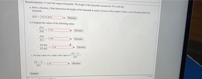 Solved Ricardo planted a 11 -inch tall magical beanstalk. | Chegg.com