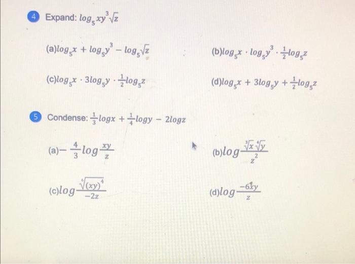 Solved Expand: log, xy? VE (a)logyx + logy – log_v2 (b)logex | Chegg.com