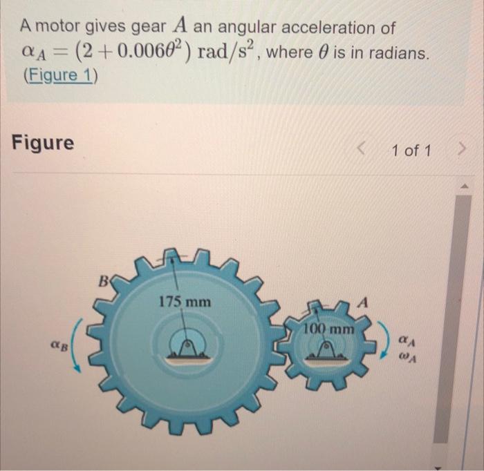 Solved A motor gives gear A an angular acceleration of aA= | Chegg.com