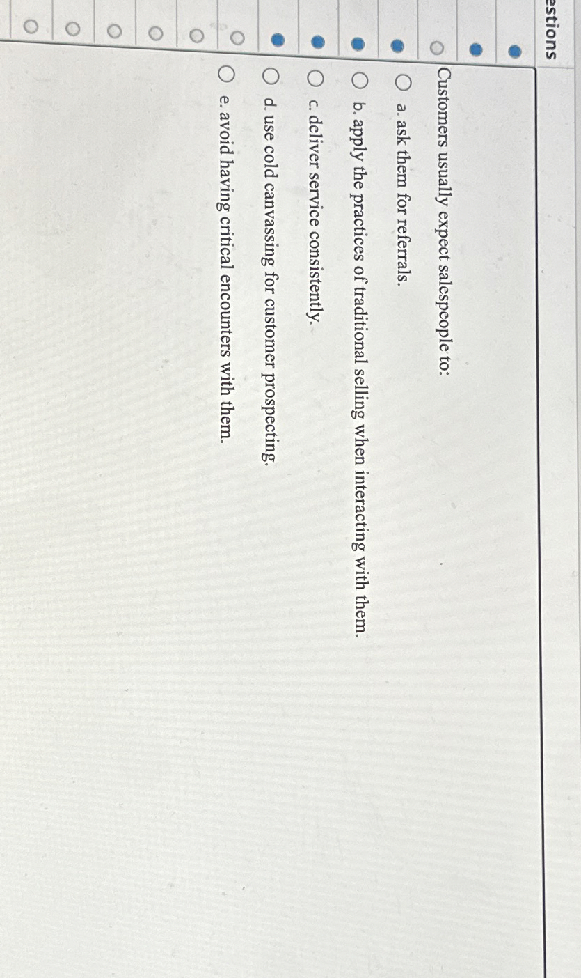 Solved Customers usually expect salespeople to:a. ﻿ask them | Chegg.com