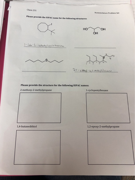 Solved Chem 231 nclature Problem Set Please provide the | Chegg.com