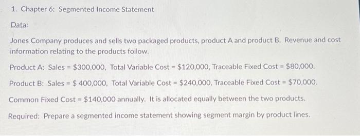 Solved 1. Chapter 6: Segmented Income Statement Data: Jones | Chegg.com