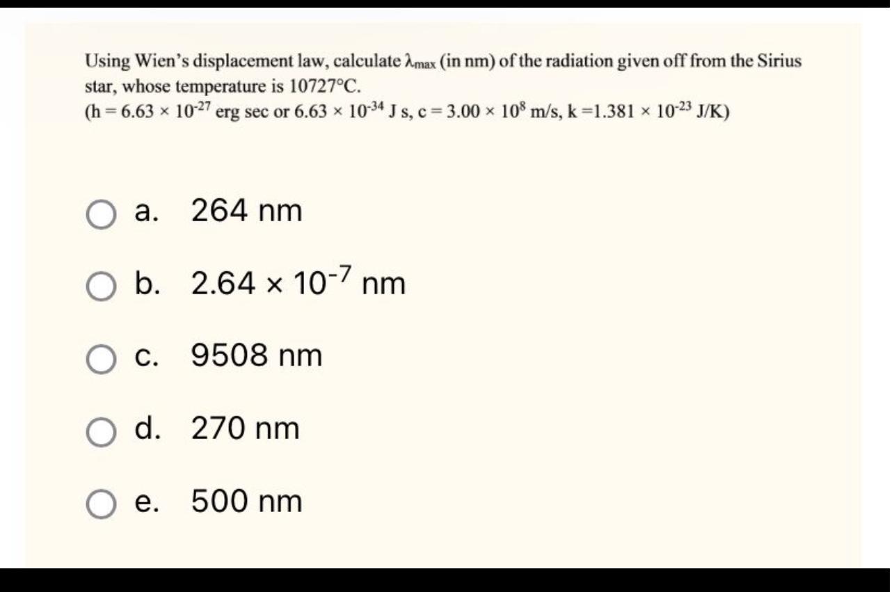 Solved Using Wien's displacement law, calculate λmax (in | Chegg.com