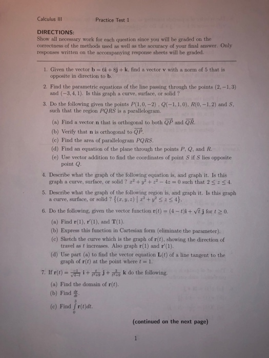 Solved Calculus III Practice Test 1 DIRECTIONS: Show all | Chegg.com