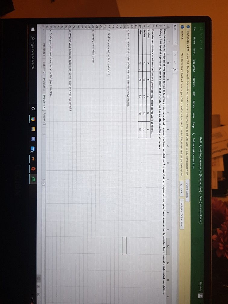 Solved STA3215_module_homework (1) (Protected View] - Excel | Chegg.com
