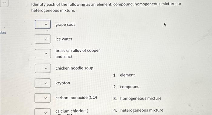Solved 1 tion Identify each of the following as an element, | Chegg.com