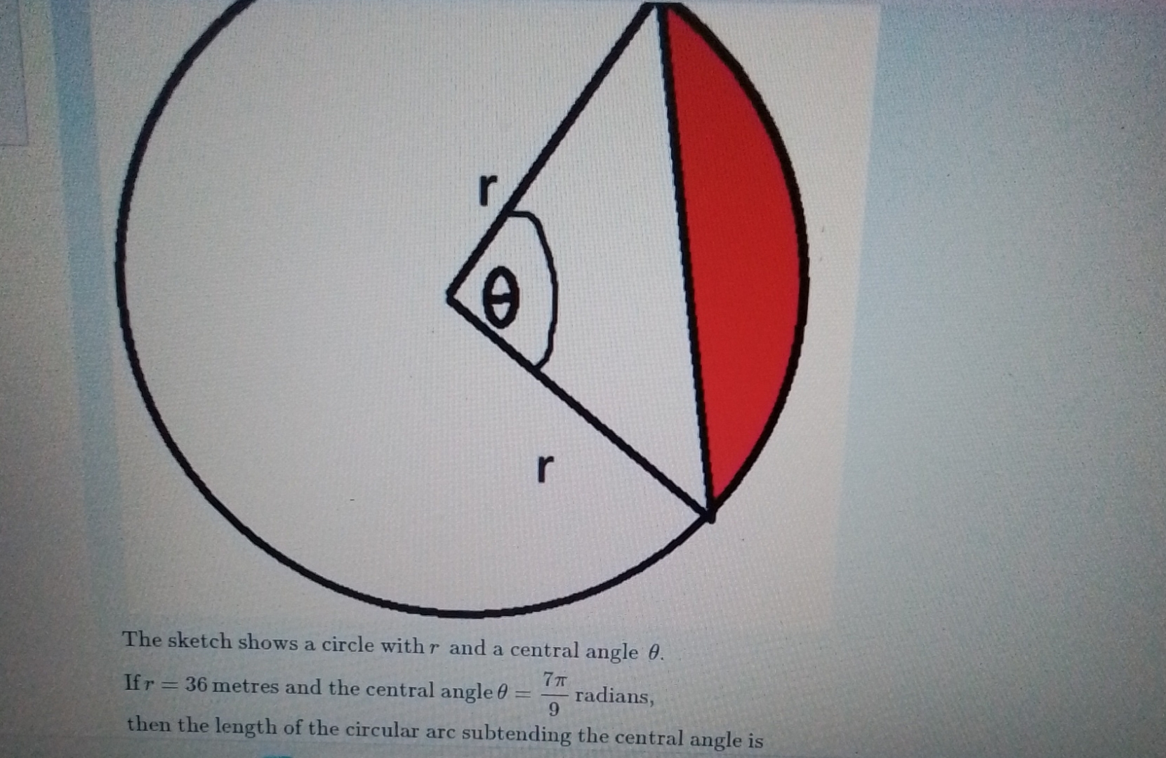 Solved The sketch shows a circle with r ﻿and a central angle | Chegg.com