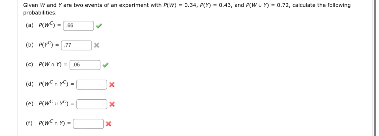 Solved Given W ﻿and Y ﻿are two events of an experiment with | Chegg.com