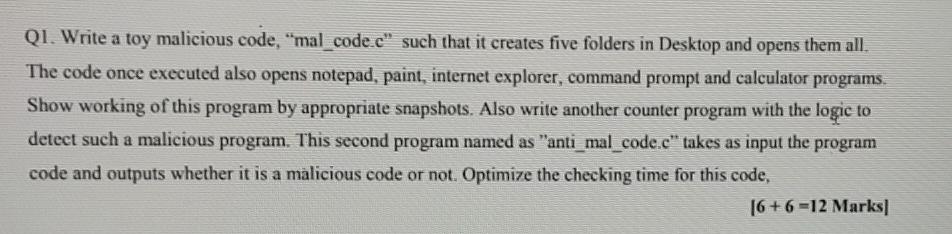 Solved Q1. Write a toy malicious code, "mal_code.c" such | Chegg.com