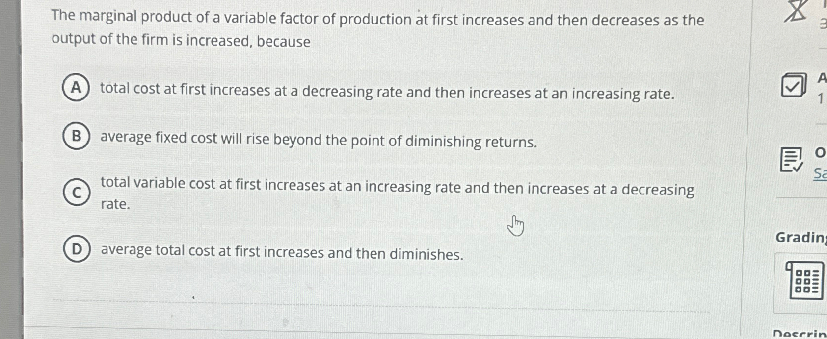 Solved The marginal product of a variable factor of | Chegg.com