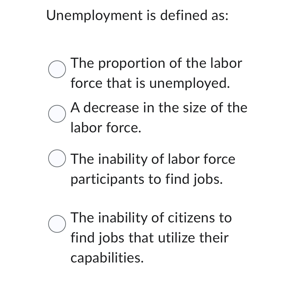 Solved Unemployment is defined as:The proportion of the | Chegg.com