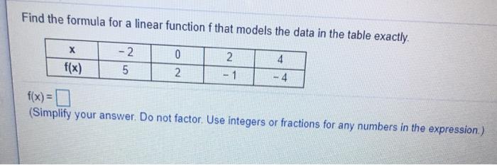 Solved Find the formula for a linear function f that models | Chegg.com