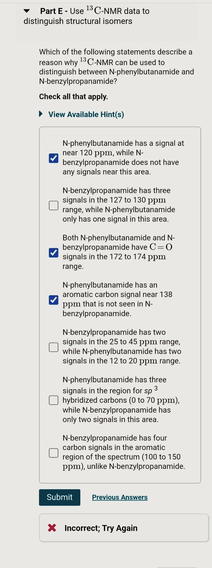 Solved Part E - Use 13 C-NMR data to distinguish structural | Chegg.com