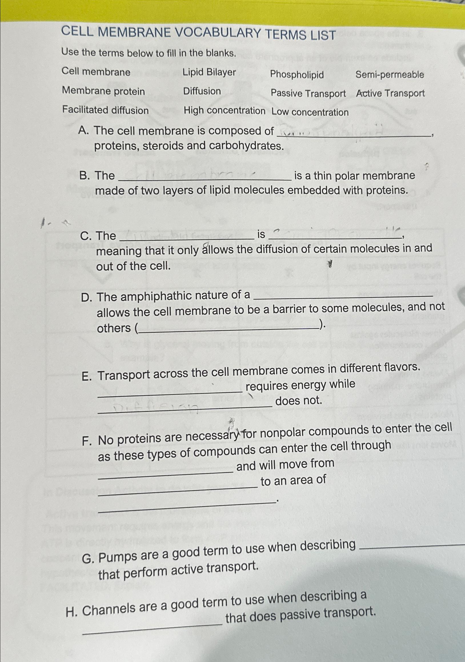 Solved CELL MEMBRANE VOCABULARY TERMS LISTUse the terms | Chegg.com