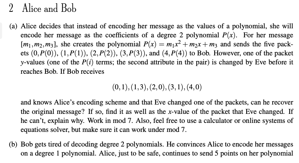 Solved 2 ﻿Alice and Bob(a) ﻿Alice decides that instead of | Chegg.com