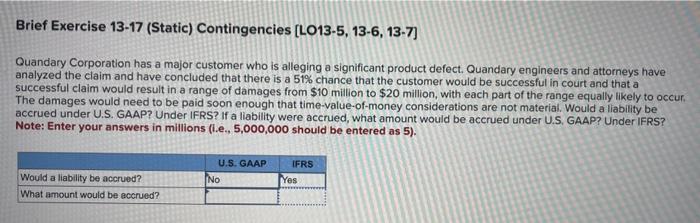 Solved Brief Exercise 13-17 (Static) Contingencies [LO13-5, | Chegg.com