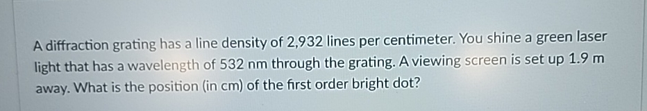 Solved A diffraction grating has a line density of 2,932 | Chegg.com