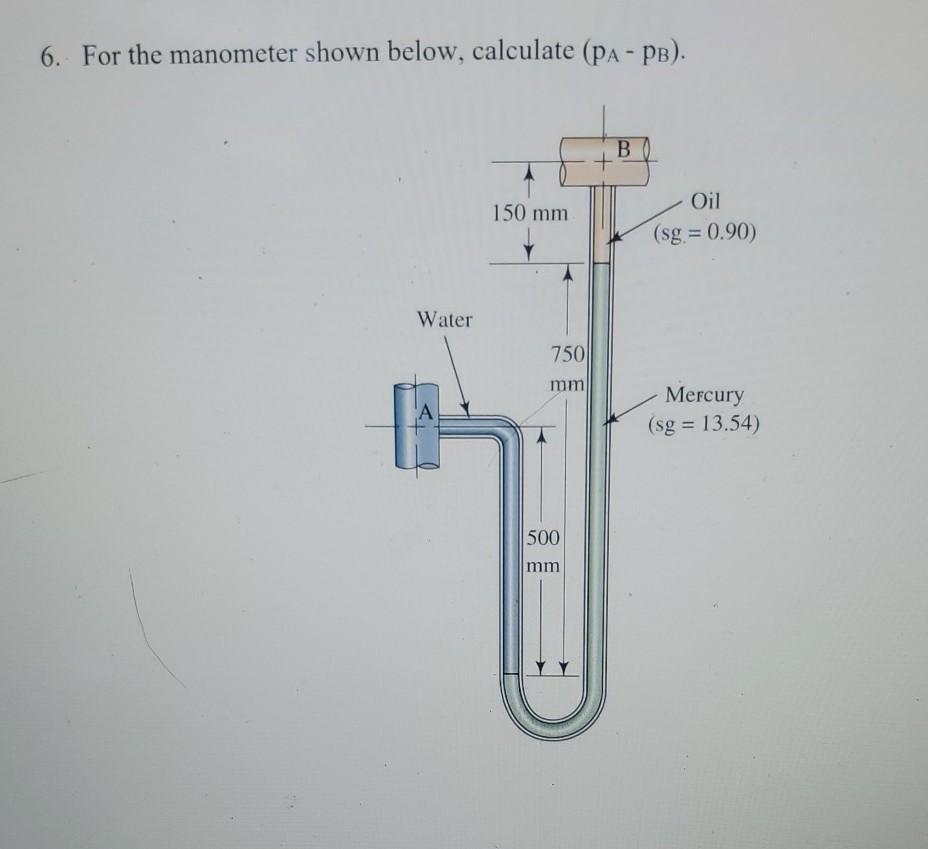 Solved 6. For the manometer shown below, calculate (PA-PB). | Chegg.com