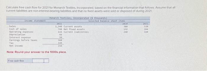 Solved Calculate free cash flow for 2021 for Monarch | Chegg.com