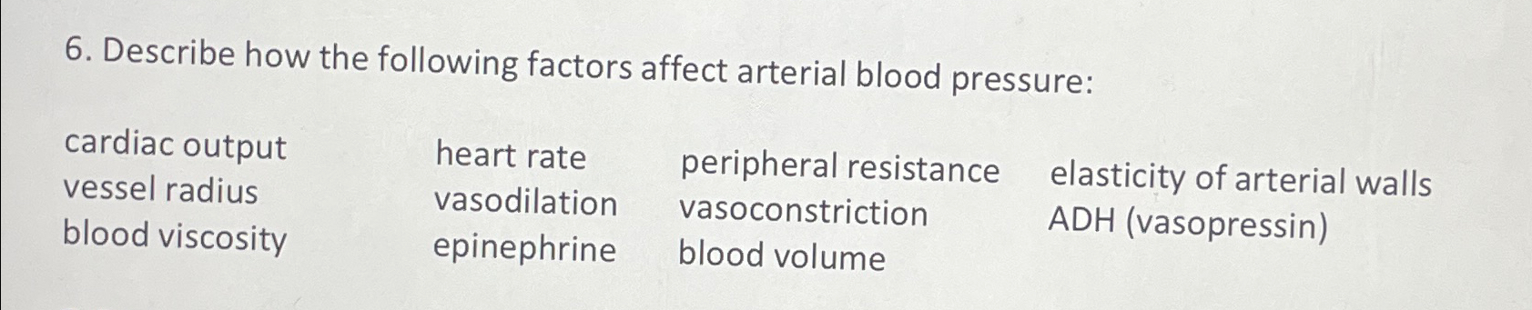 Solved Describe how the following factors affect arterial | Chegg.com