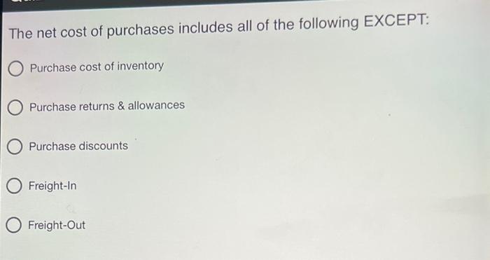 Solved The net cost of purchases includes all of the | Chegg.com