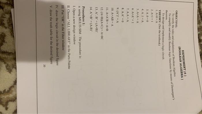 EXPERIMENT (4) (BOOLEAN ALGEBRA ) theorem. OBJECTIVE: | Chegg.com
