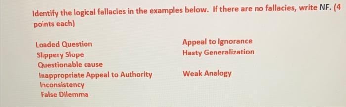 [Solved]: Identify the logical fallacies in the examples be