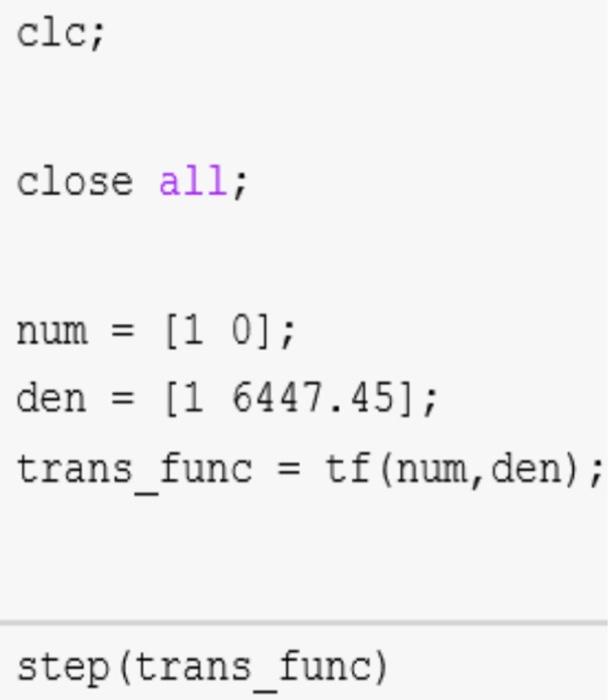 Solved Clc; close all; num =[10]; den =[16447.45]; | Chegg.com
